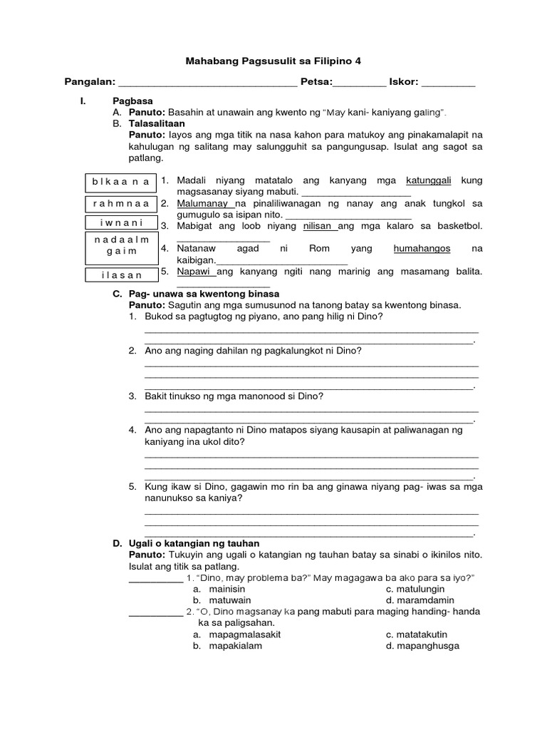 Mahabang Pagsusulit Sa Filipino 4 | PDF