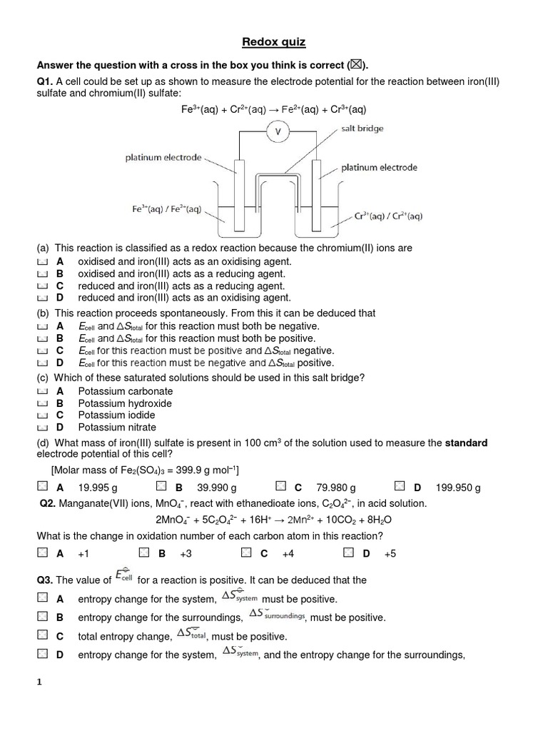 Redox Quiz | PDF | Redox | Chemical Reactions