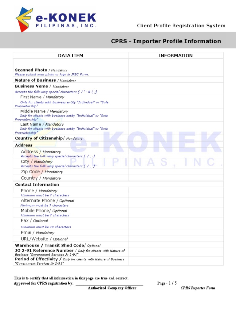 CPRS - Importer Profile Information | PDF | Fax | Corporations