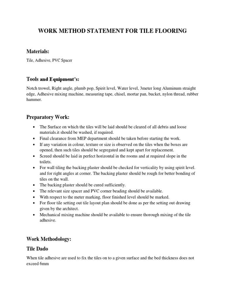 Work Method Statement Fortile Flooring Pdf Tile Flooring 1860