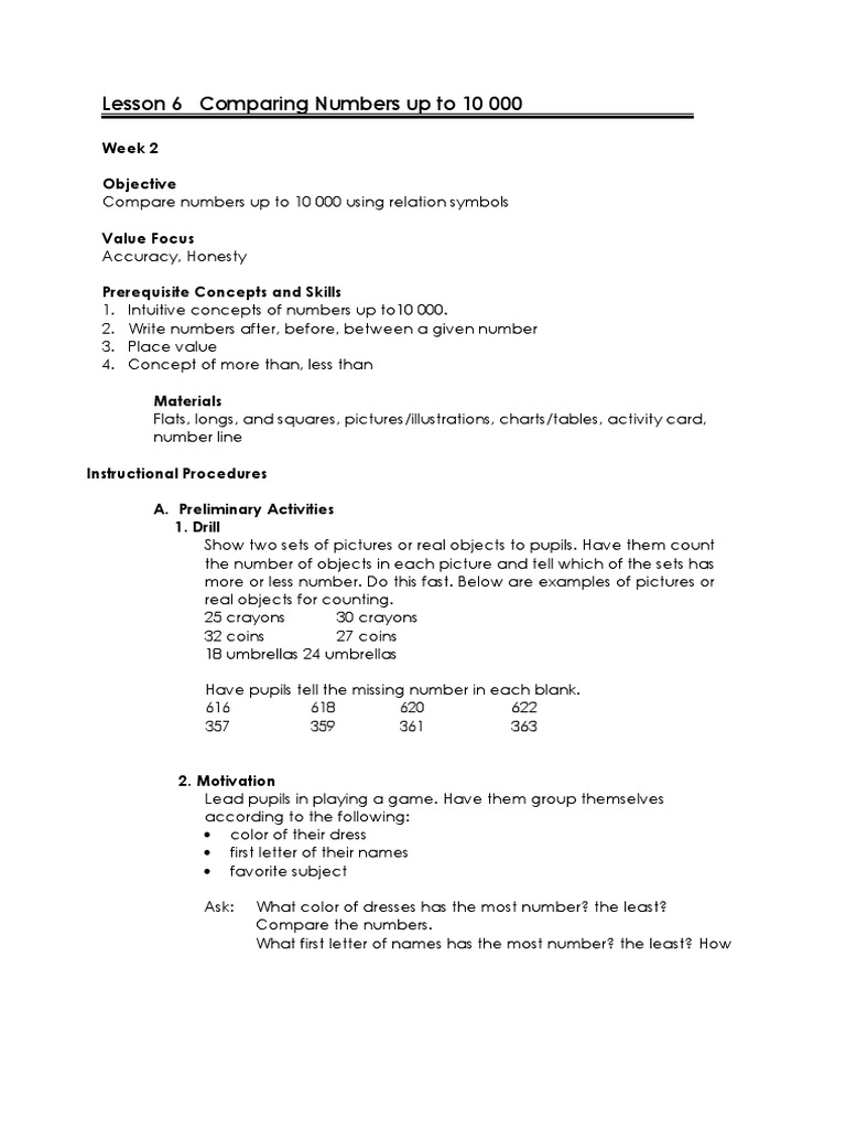 Lesson 6 Comparing Numbers Up To 10 000: Week 2 Objective | PDF ...