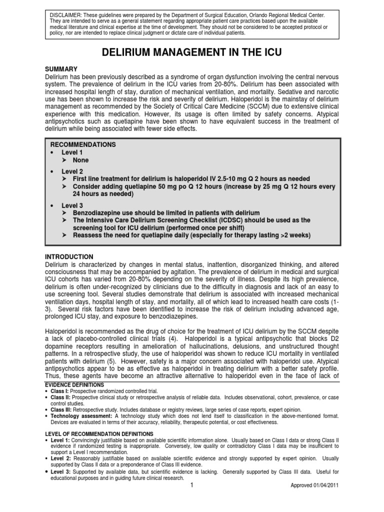 Delirium Management in The Icu: Evidence Definitions | PDF | Intensive ...
