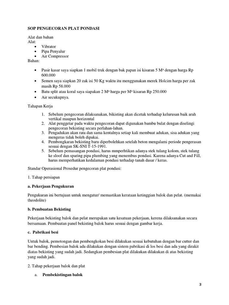SOP Pengecoran Plat Pondasi yang Efektif | PDF