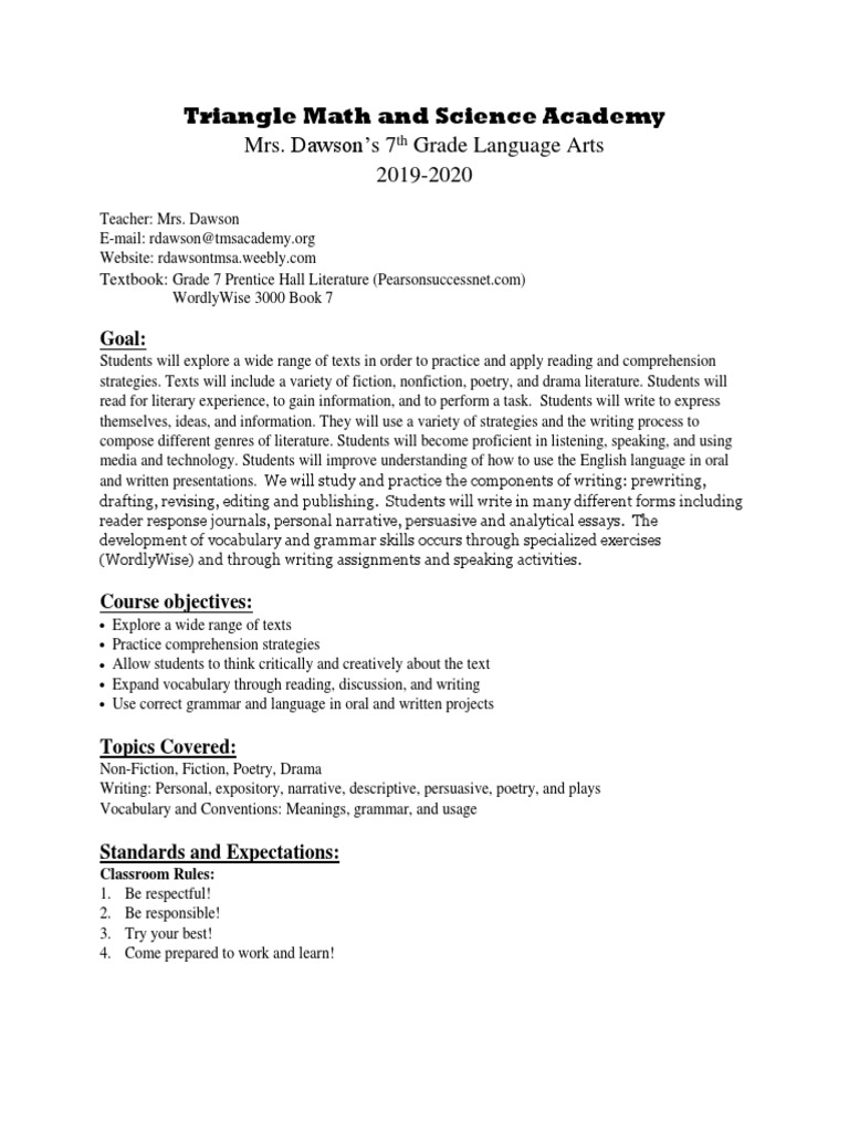 Triangle Math and Science Academy: Mrs. Dawson's 7 Grade Language Arts ...