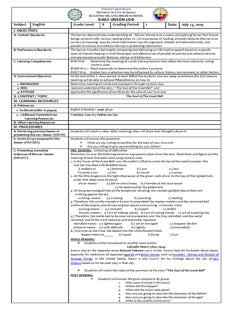 Daily Lesson Log Subject English Grade Level: 8 Grading Period: I. Objectives | PDF | Learning ...