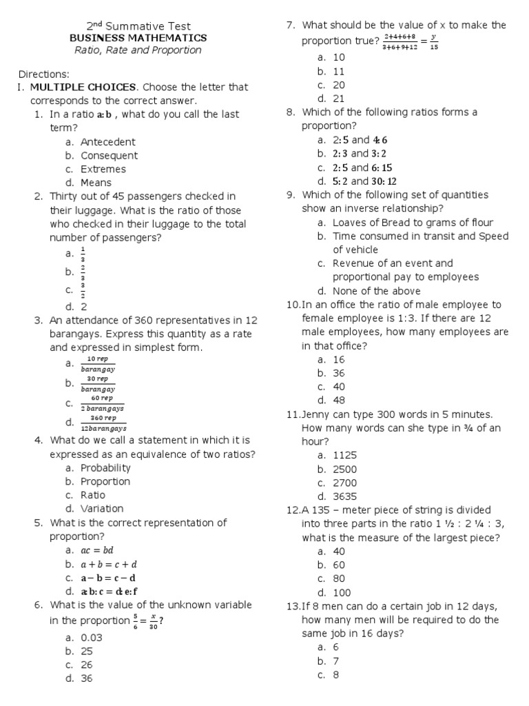 2nd Summative Test Business Math | PDF | Ratio | Teaching Mathematics