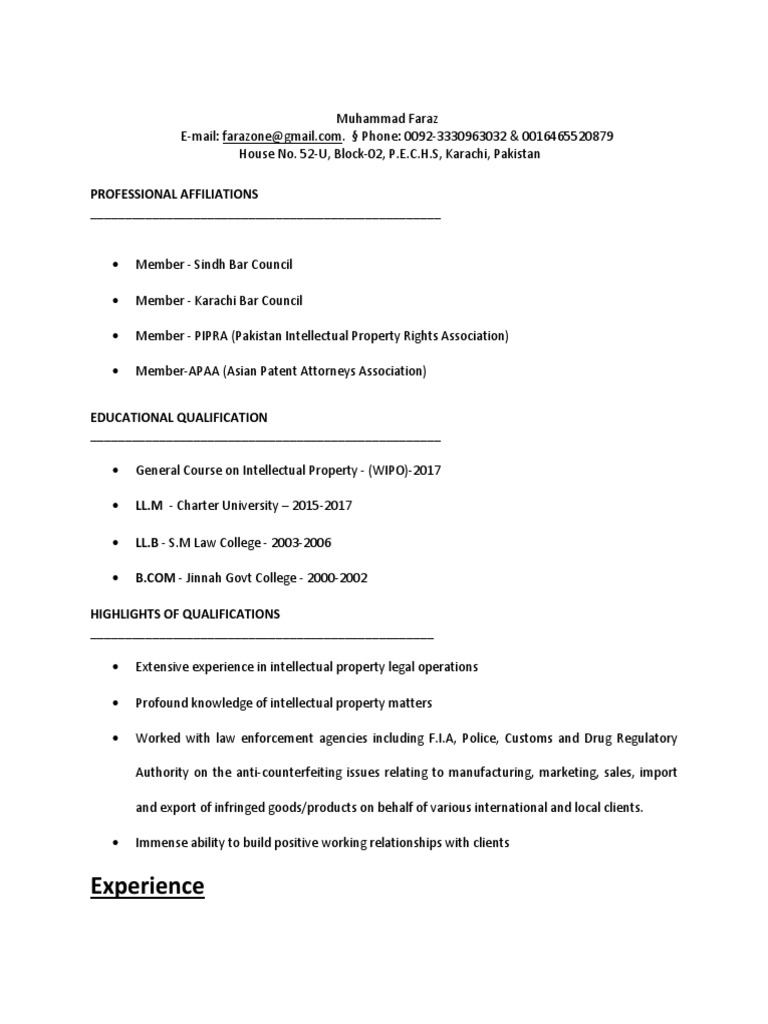 Experience: Professional Affiliations | PDF | Barrister | Intellectual ...