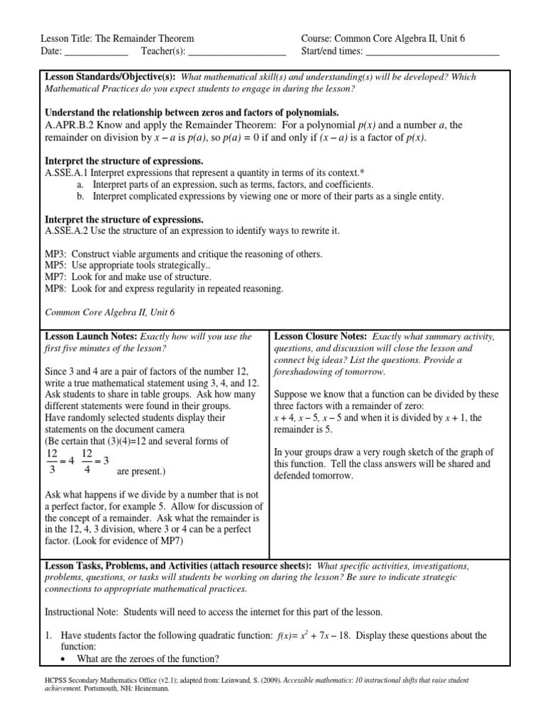 Exploring the Connection Between Zeros, Factors, and the Remainder ...