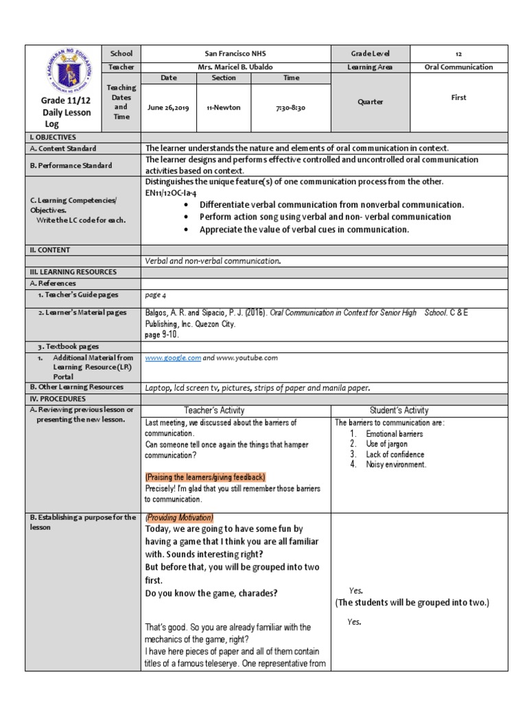 Grade 11/12 Daily Lesson Log: San Francisco NHS 12 Mrs. Maricel B ...