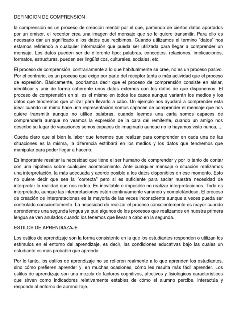 Definicion de Comprension | PDF | Aprendiendo estilos | Inteligencia
