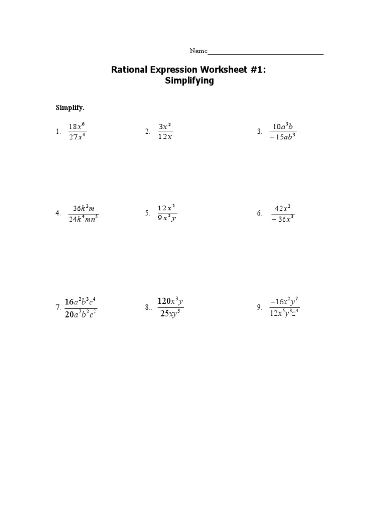 Simplifying Rational Expressions Worksheet