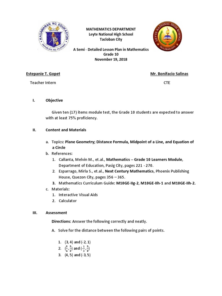 Math 10 Lesson Plan | PDF | Circle | Equations