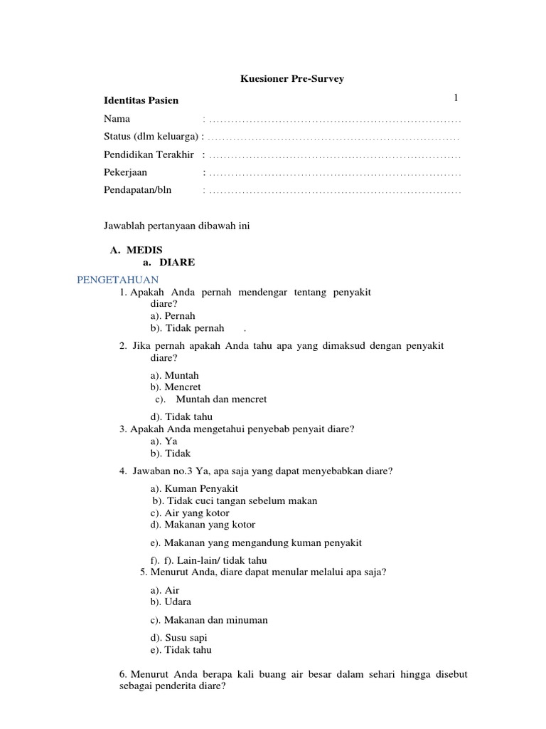 Kuesioner Pre Survey 2 | PDF