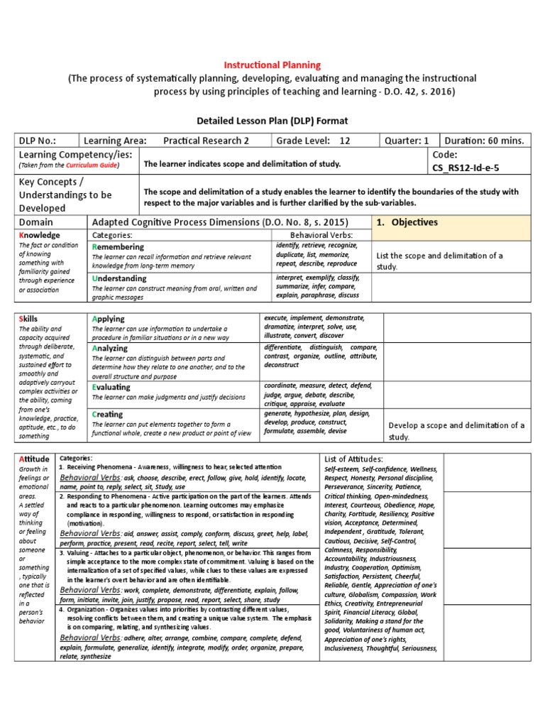 Detailed Lesson Plan (DLP) Format: Instructional Planning | PDF | Value ...