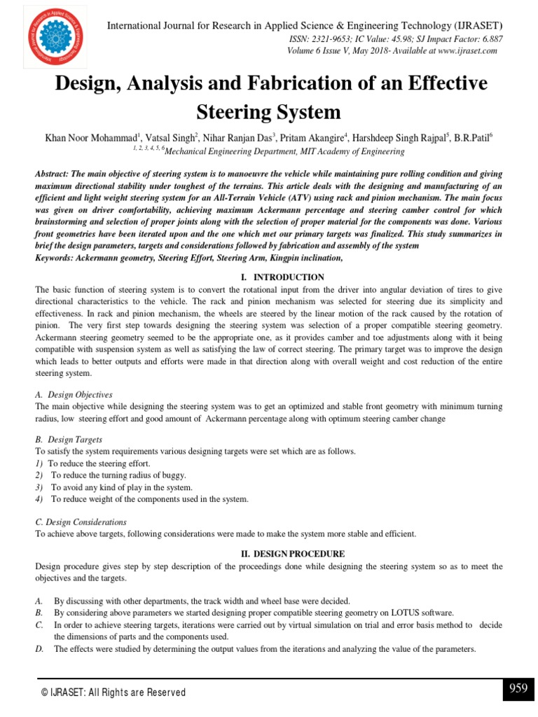 Design, Analysis and Fabrication of An Effective Steering System | PDF ...