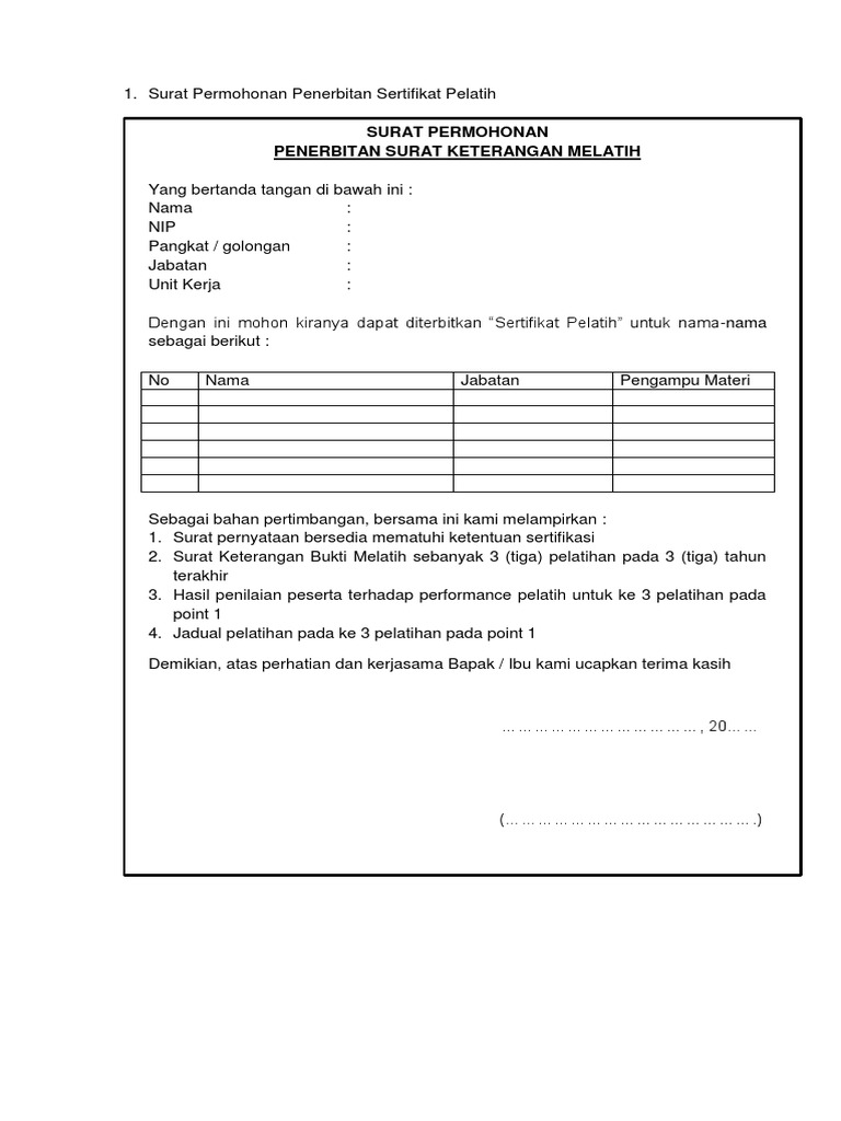 Surat Permohonan Penerbitan Sertifikat Pelatih | PDF