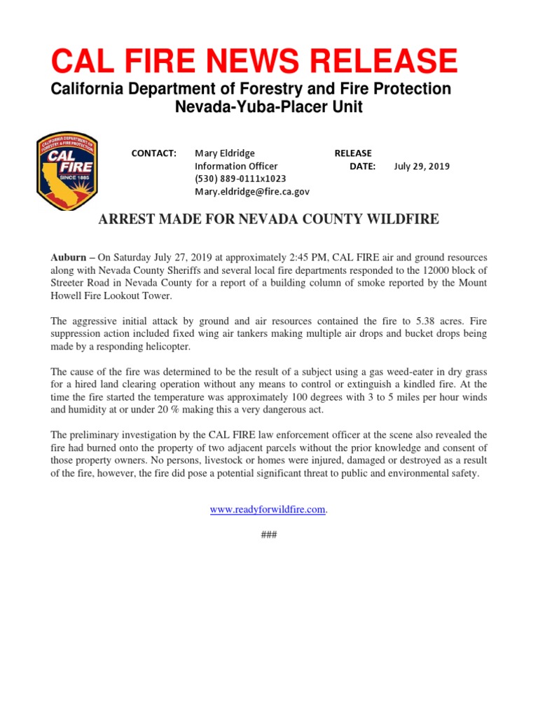 Calfire Release July 29, 2019 | PDF