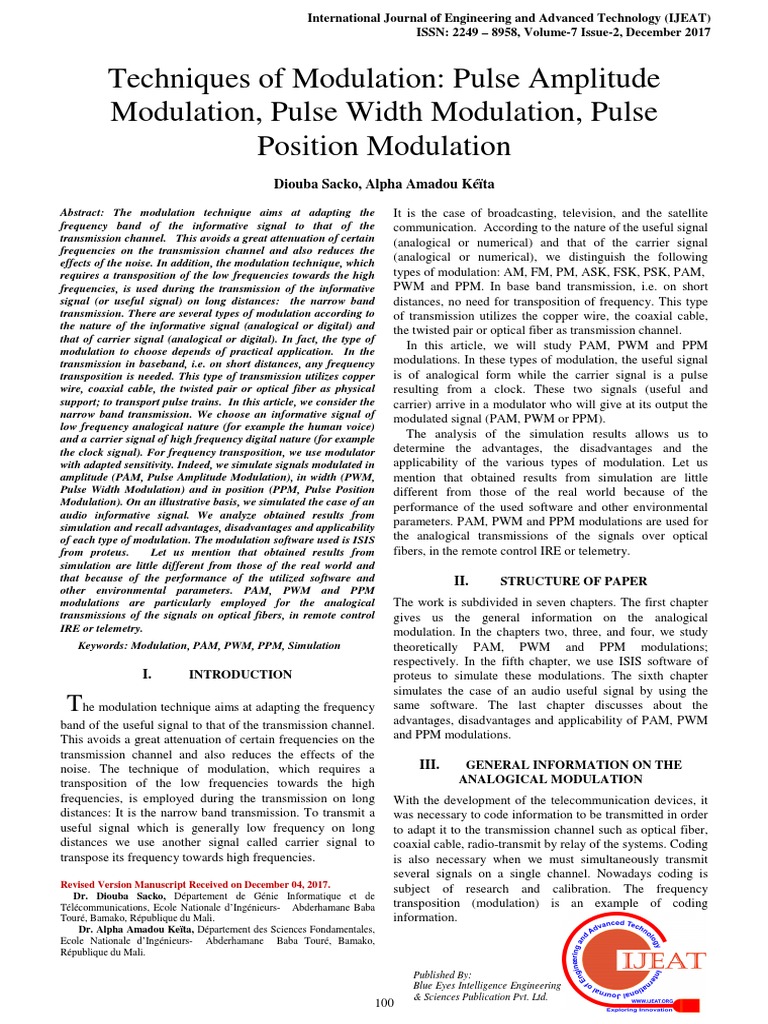 Techniques of Modulation: Pulse Amplitude Modulation, Pulse Width ...