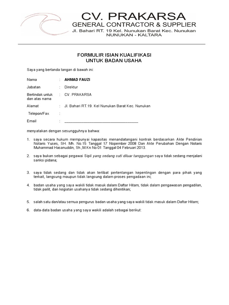 17.bentuk Formulir Isian Kualifikasi | PDF