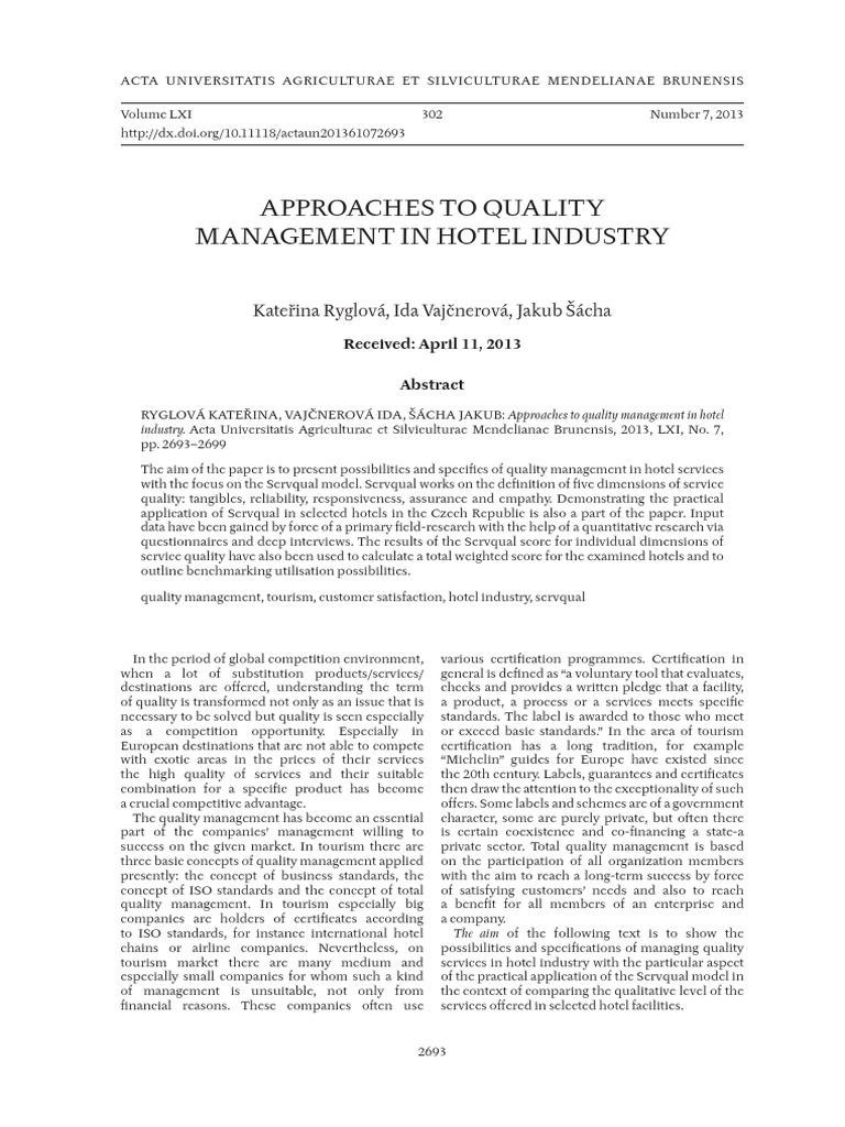Approaches To Quality Management in Hotel Industry | PDF | Customer ...