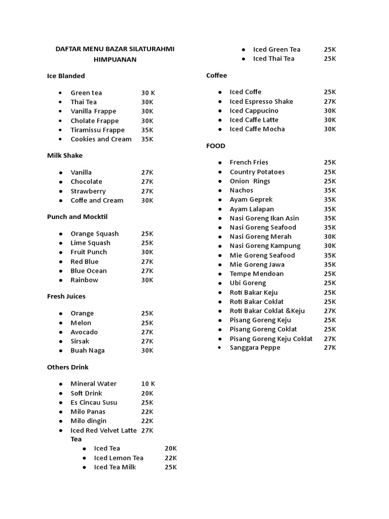 Daftar Menu Bazar Silaturahmi Himpuanan Ice Blanded Coffee | PDF ...