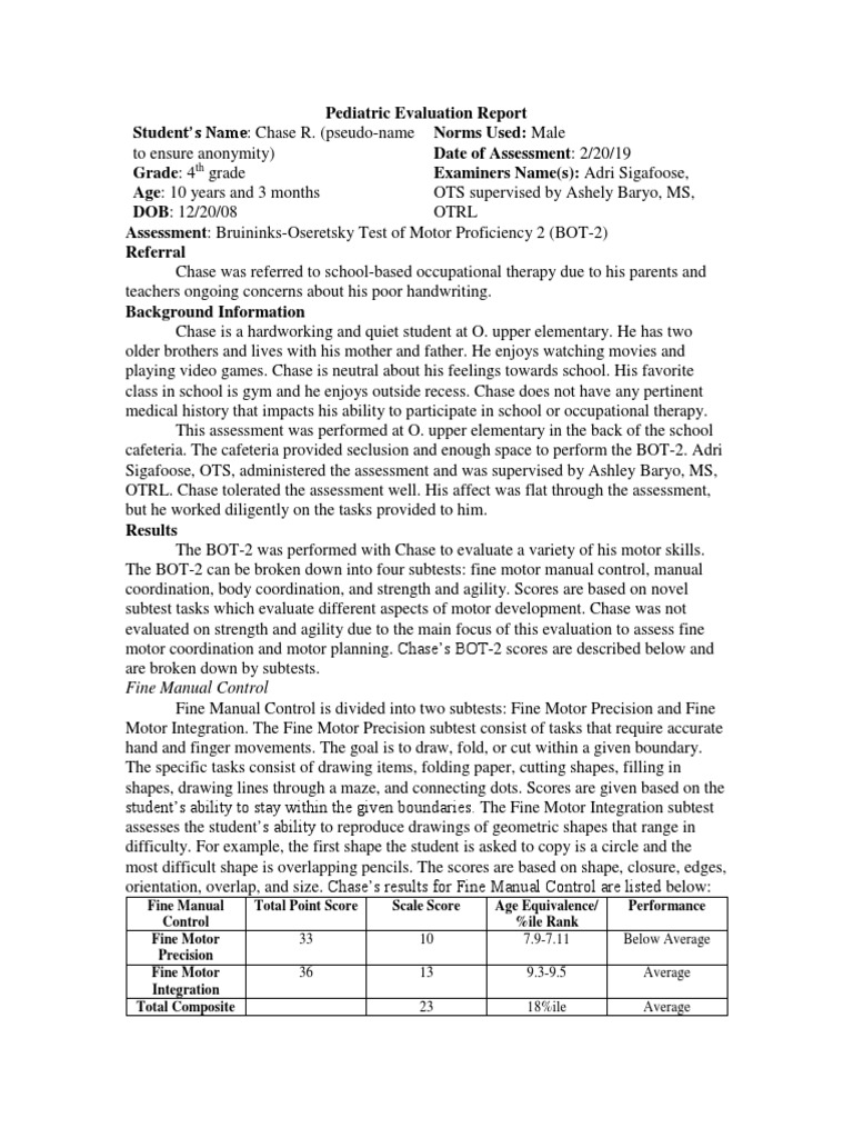 Pediatric Evaluation Report | PDF | Motor Coordination | Neuroscience