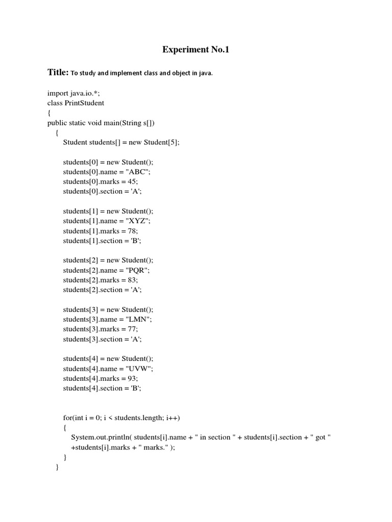 Experiment No.1 Title:: To Study and Implement Class and Object in Java | PDF | Computers