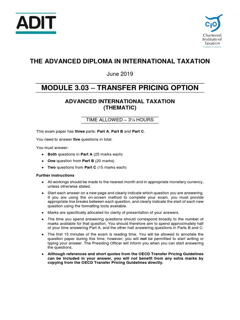 ADIT Exam Paper: Transfer Pricing 2019 | PDF | Multinational ...