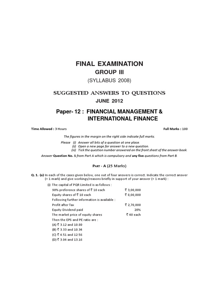 FINANCIAL MANAGEMENT & INTERNATIONAL FINANCE Exam Question Paper | PDF ...