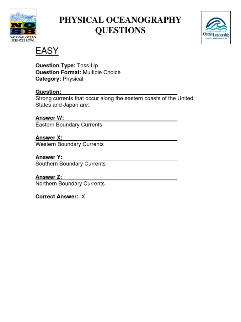 Physical Oceanography Questions: Question Type: Toss-Up Question Format ...
