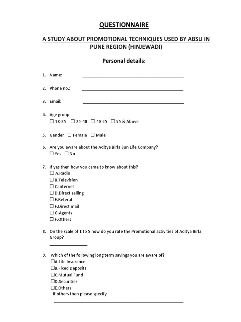 Questionnaire On ABSLI | PDF