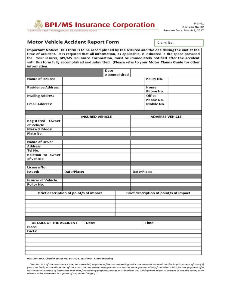 Motor Vehicle Accident Report Form: F-Cl-01 Revision No. 02 Revision ...