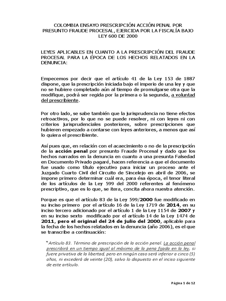 Prescripción de Acción Penal Ley 600/2000 | PDF | Estatuto de ...