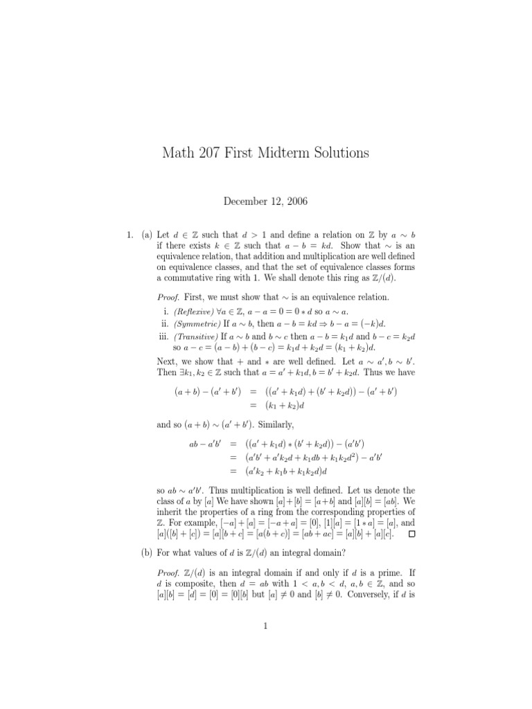 Math 207 First Midterm Solutions: December 12, 2006 | PDF | Field (Mathematics) | Sequence