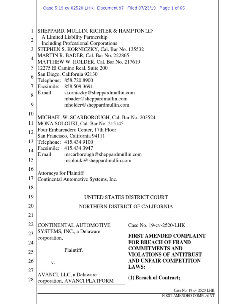 19-07-23 Amended Continental v. Avanci Complaint | PDF | High Speed ...