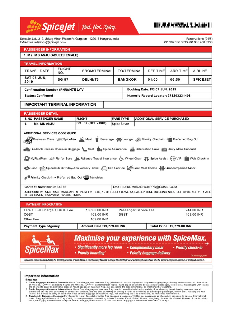SpiceJet - E-Ticket - PNR N7BLYV - 08 Jun 2019 Delhi-Bangkok For MS ...
