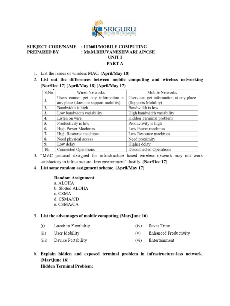 Subject Code/Name: It6601/Mobile Computing Prepared By: Ms.M.Bhuvaneshwari Ap/Cse Unit I Part A ...