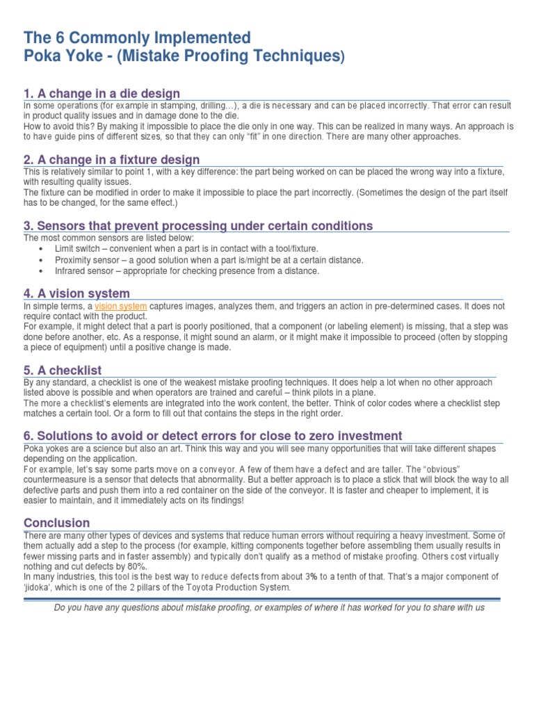 The 6 Commonly Implemented Poka Yoke - (Mistake Proofing Techniques | PDF | Systems Engineering ...