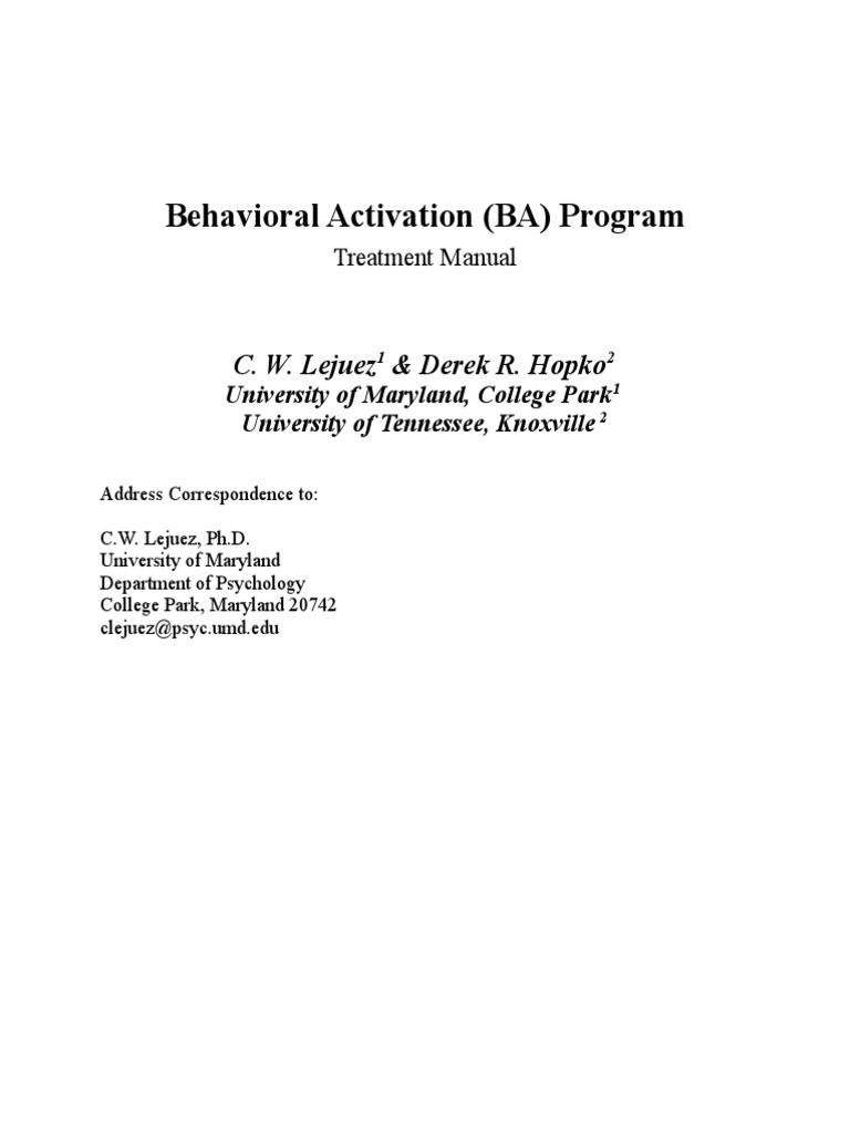 BA Program Treatment Manual: Behavioral Activation | PDF | Depression ...