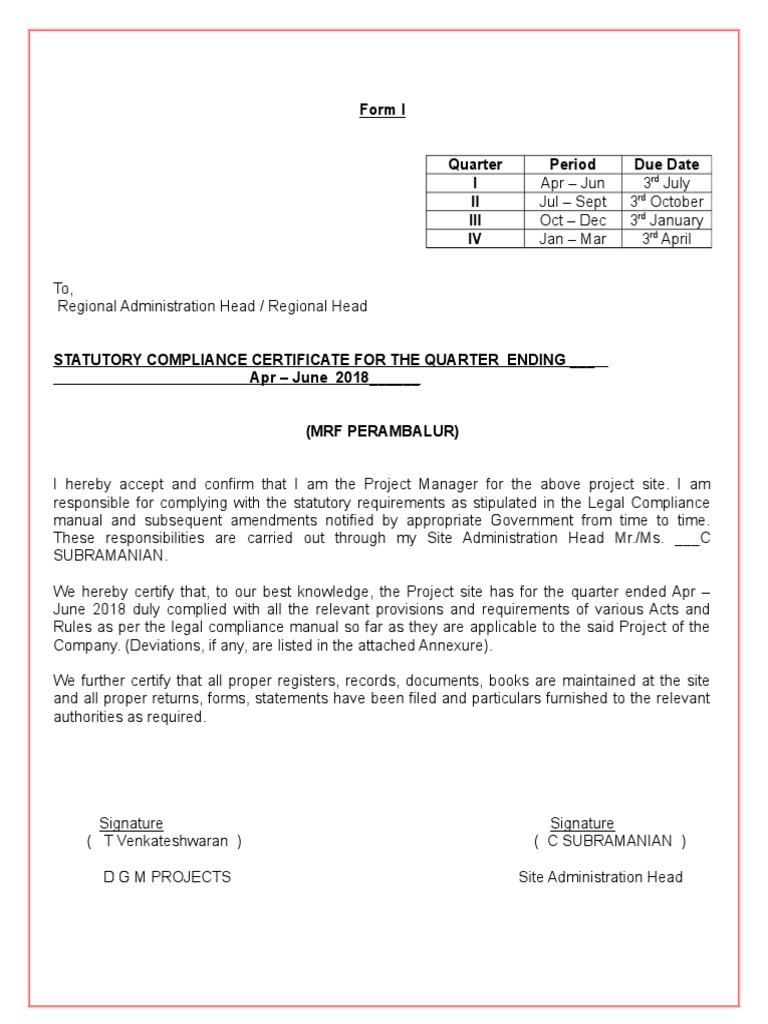 Statutory Compliance Certificate Q2 2018 | PDF | Government Information ...