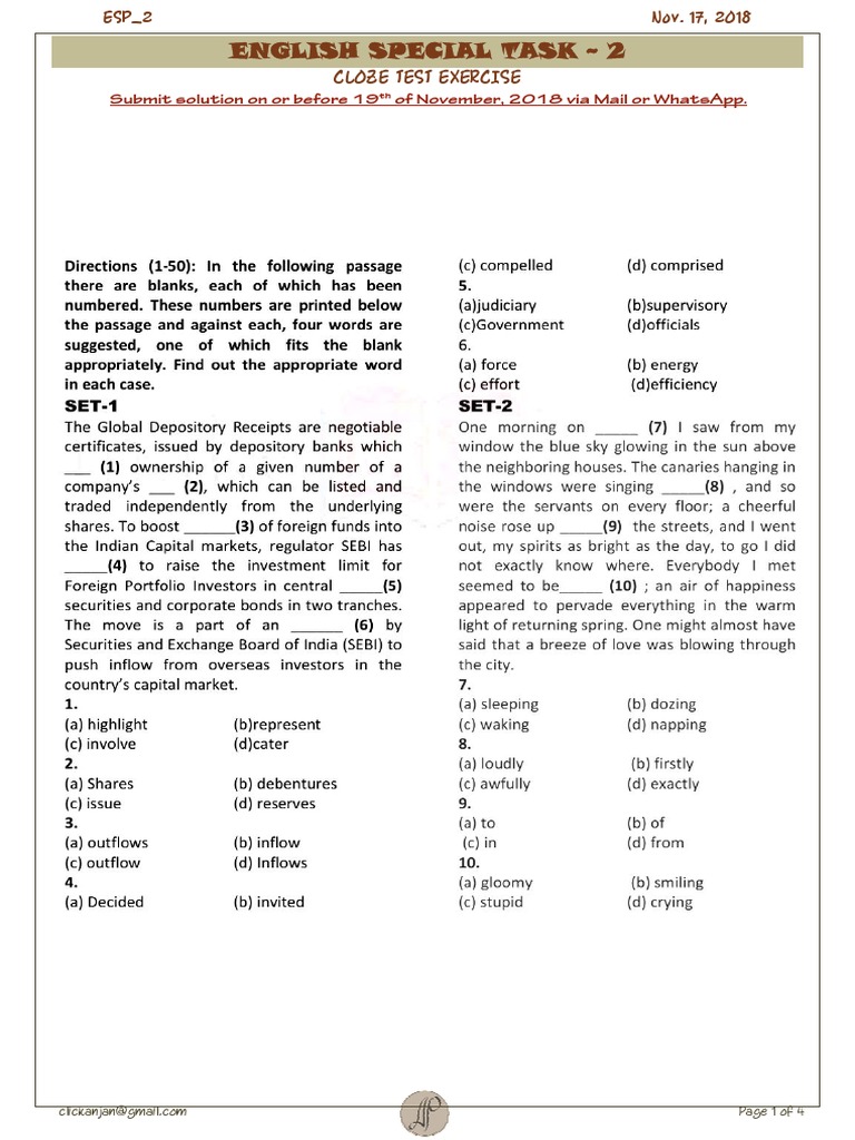 English Special Task 2: Cloze Test Exercise | PDF