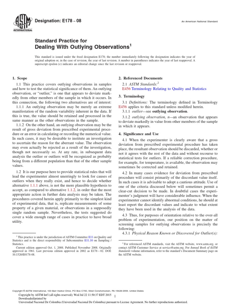 ASTM E178 - 2008 - Standard Practice For Dealing With Outlying ...