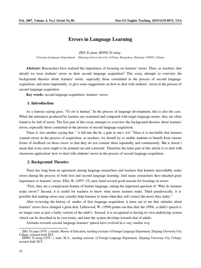 Errors In Language Learning Pdf Second Language Second Language Acquisition