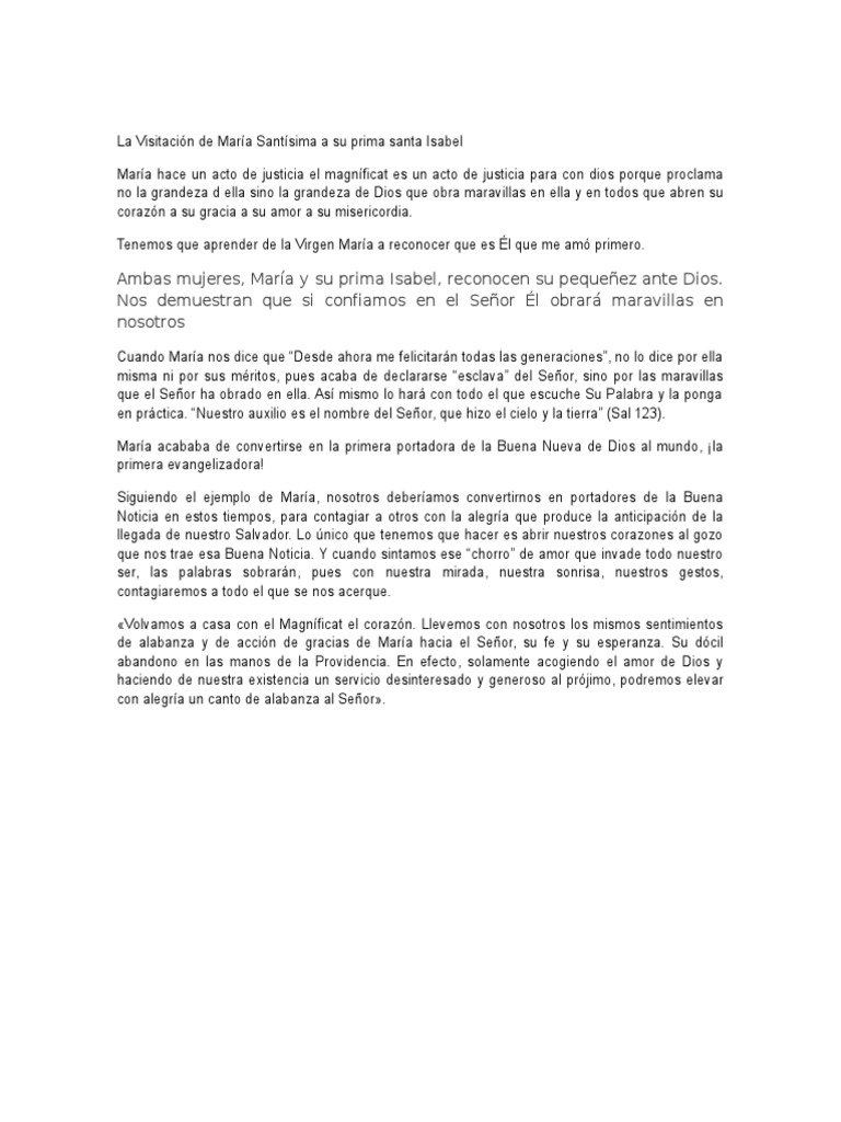 La Visitación de María Santísima A Su Prima Santa Isabel | PDF ...