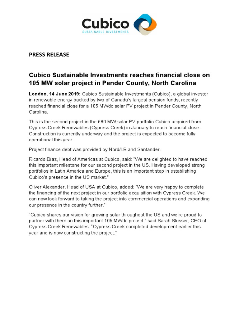 Press Release Cubico Sustainable Investments Reaches Financial Close On ...