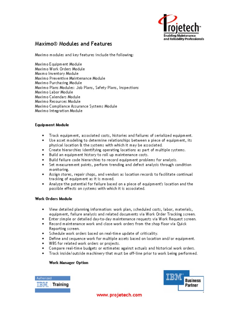 Maximo Modules and Features PDF | PDF | Inventory | Regulatory Compliance