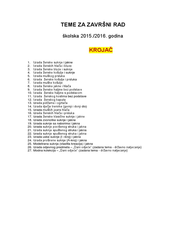 Teme Za Zavrsni Rad - Krojac | PDF