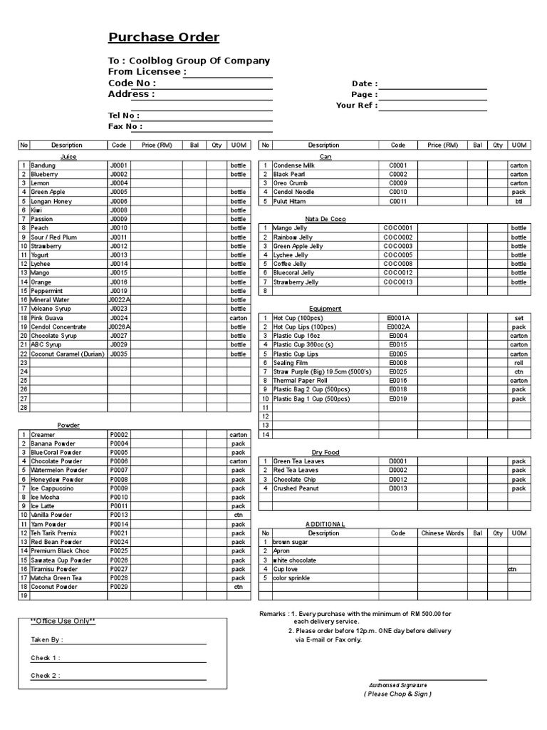 Purchase Order Sample | PDF | Fruit Preserves | Foods