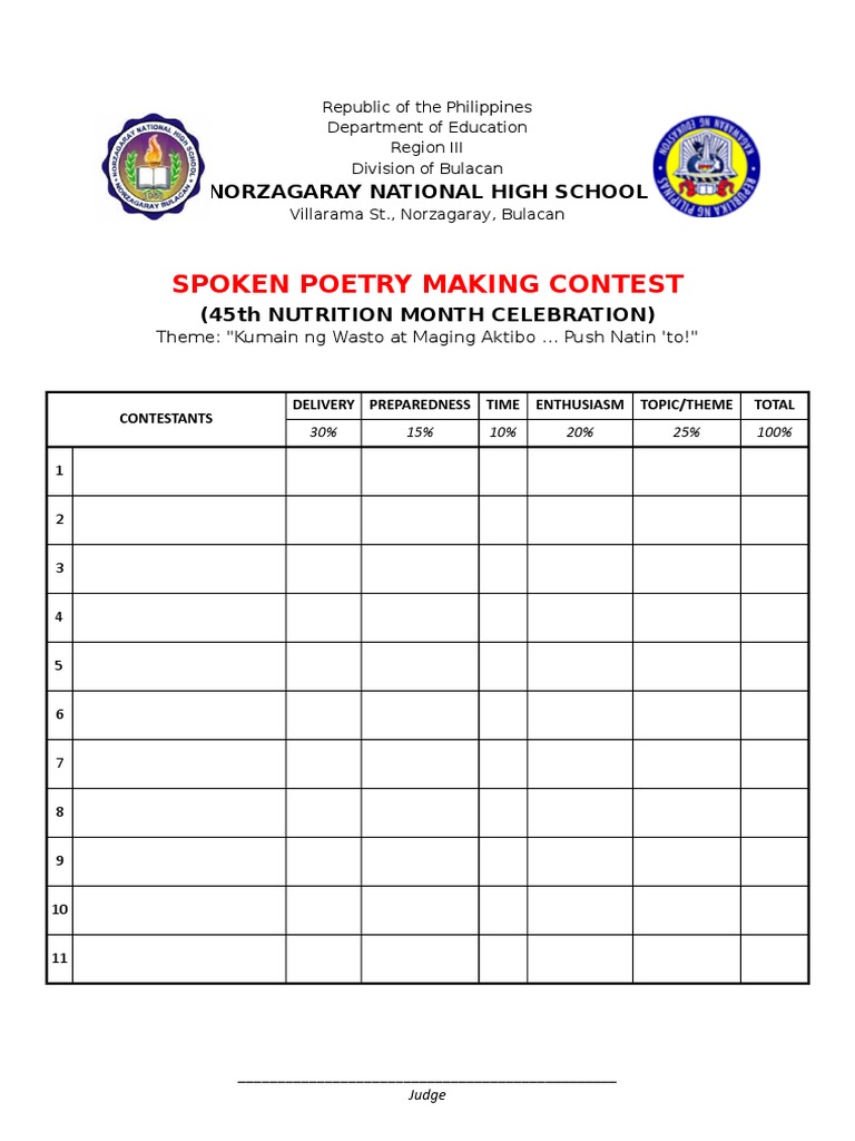 Spoken Poetry Making Contest: Norzagaray National High School | PDF ...