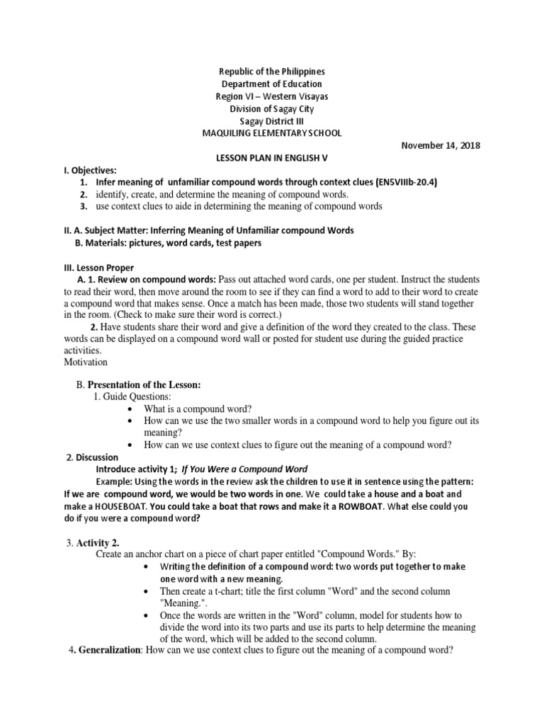 Lesson Plan in Compound Wors | PDF | Word | Lesson Plan